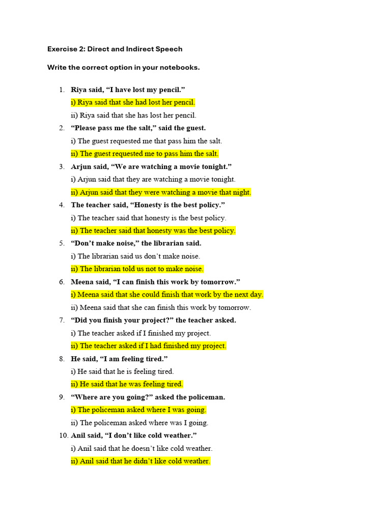 Exercise 2 - Direct and Indirect Speech Answer Key | PDF
