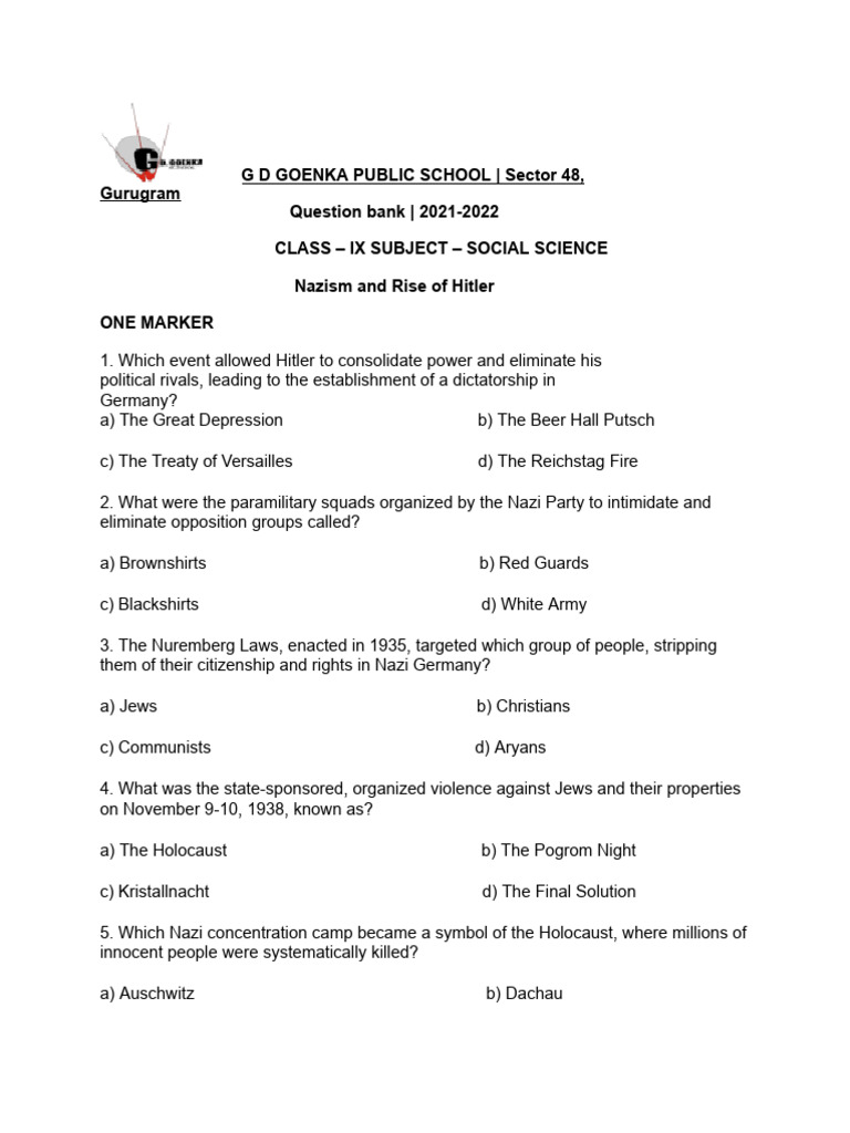 QUESTION BANK Nazism and Rise of Hitler | PDF | Nazi Germany | Adolf Hitler