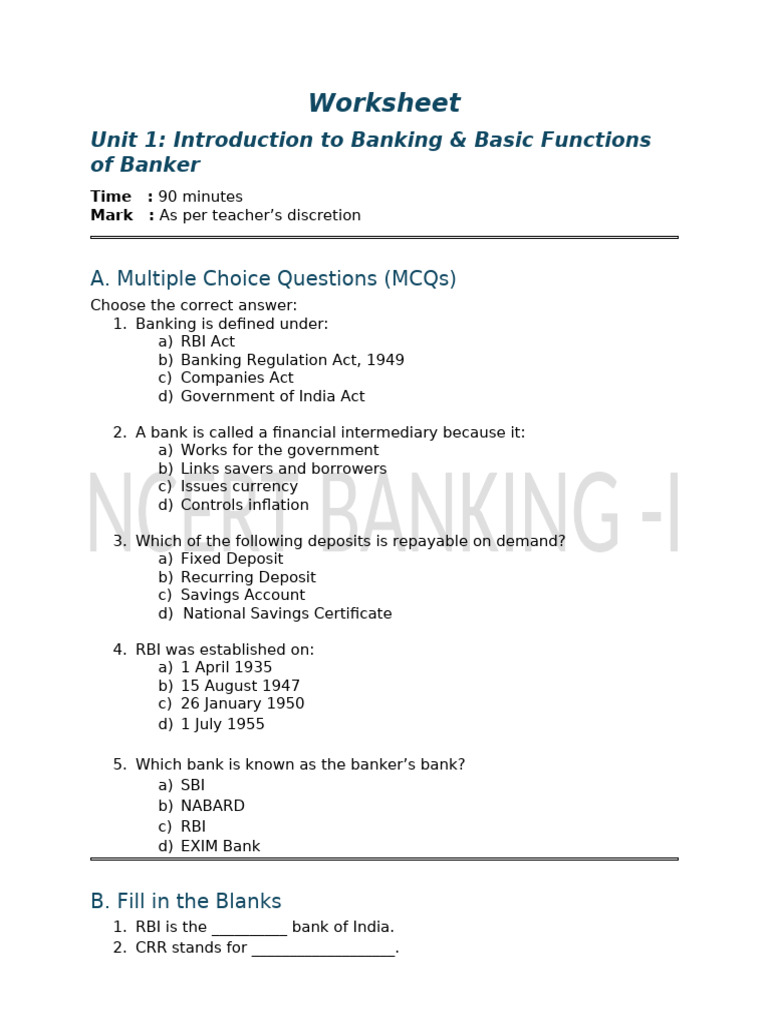 Class Xi Banking - Unit 1 Worksheet | PDF | Reserve Bank Of India | Banks