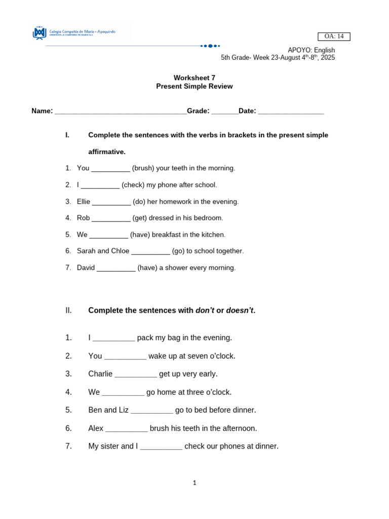 Worksheet 7 - Fifth Graders 2025 | PDF