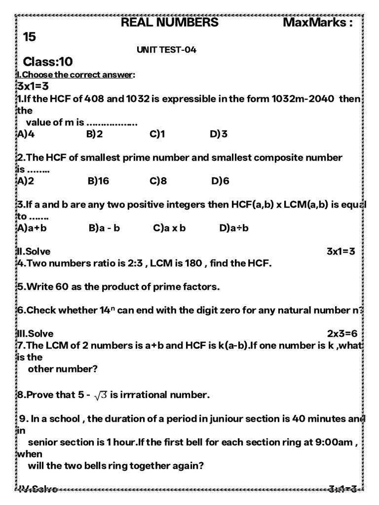 Real Numbers Unit Test 04 | PDF