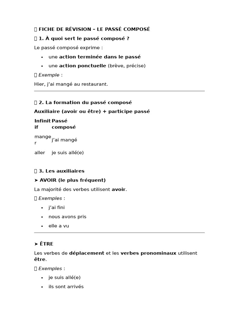 Fiche de Révision Passé Composé | PDF