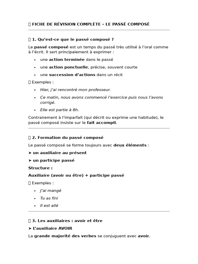 Fiche de Révision Passé Composé | PDF | Verbe | Sujet (Grammaire)
