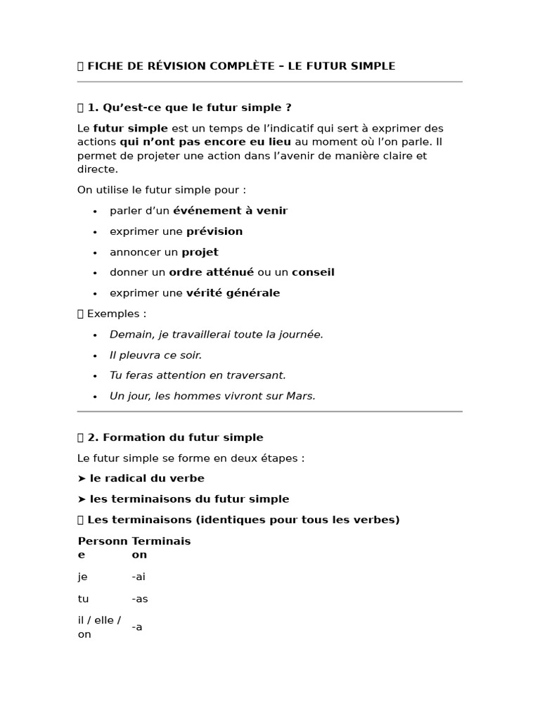 Fiche de Révision Le Futur Simple | PDF | Verbe | Linguistique