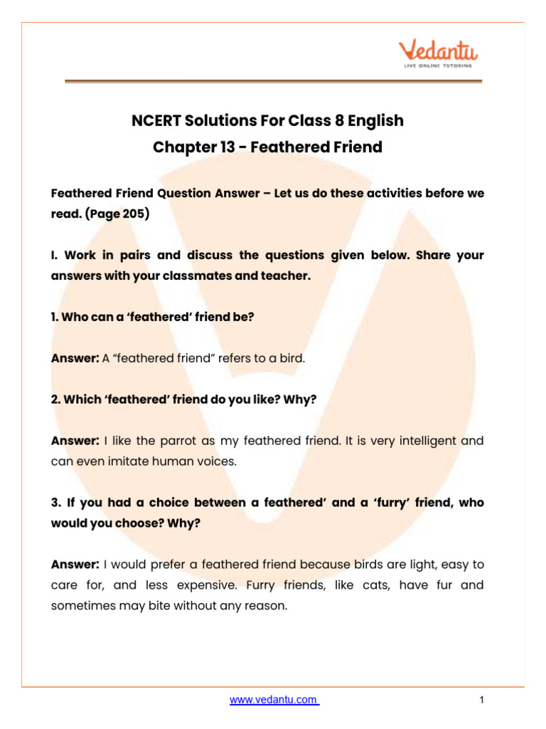 NCERT Solutions Class 8 English Poorvi Chapter 13 Feathered Friend PDF ...