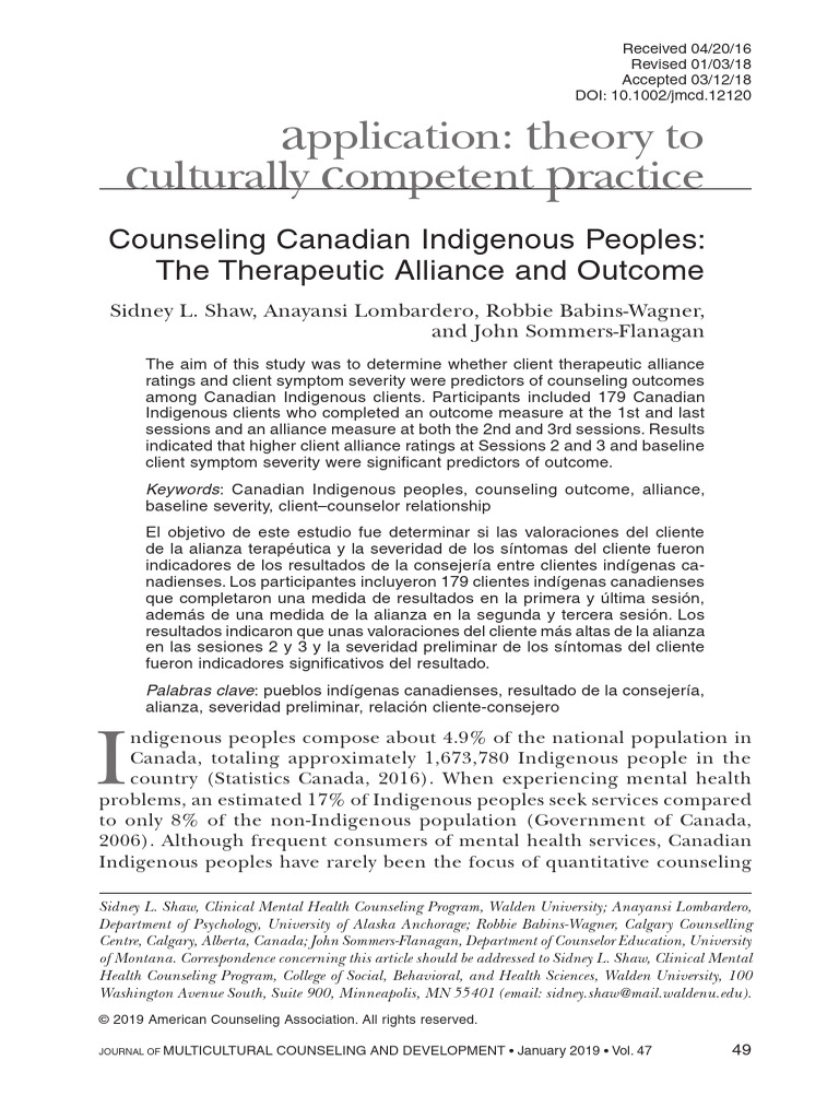 Counseling Canadian Indigenous Peoples. The Therapeutic Alliance and ...