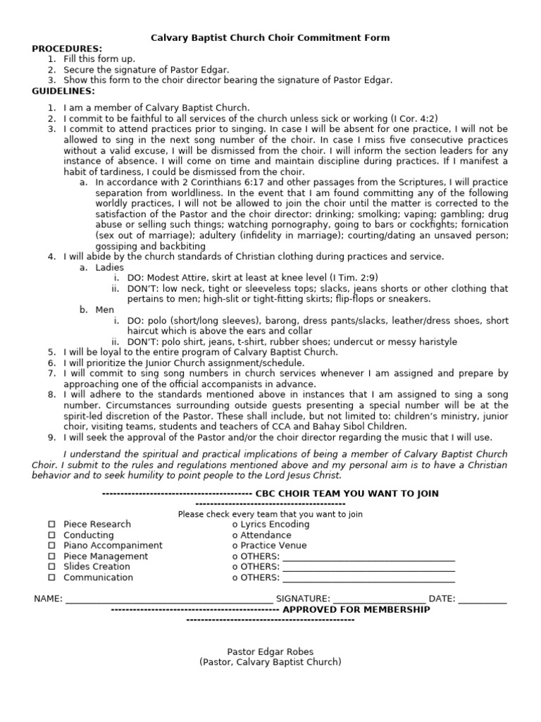 Choir Commitment Form 1 | PDF | Clothing