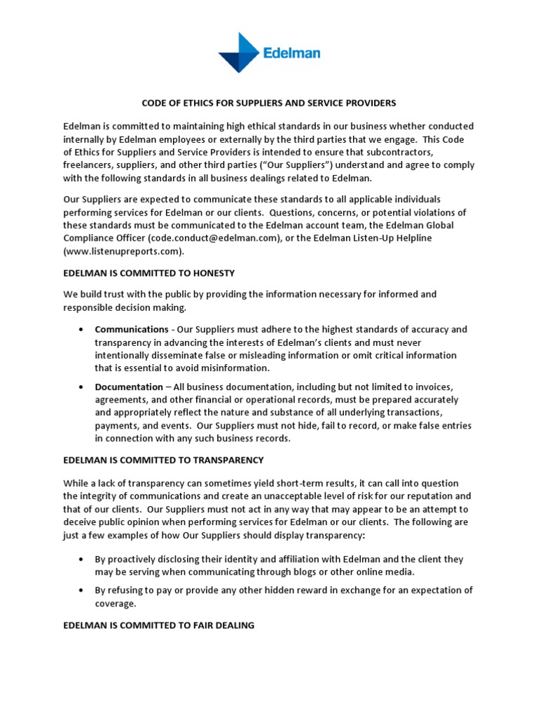 Code of Ethics For Suppliers and Service Providers | PDF | Edelman ...