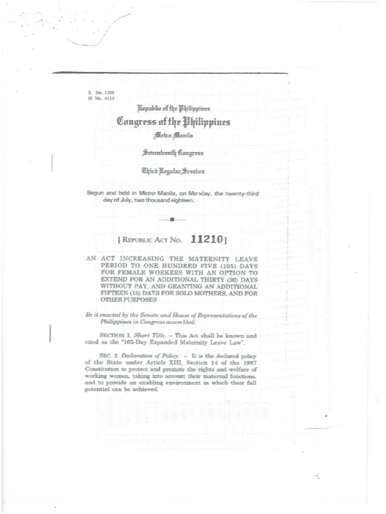 Ra 11210 Expanded Maternity Leave To 105 Days | PDF