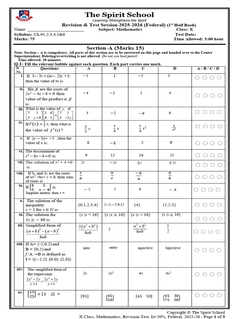 X Class Math Revision Test 1st Half Book Federal 2025 26 | PDF ...