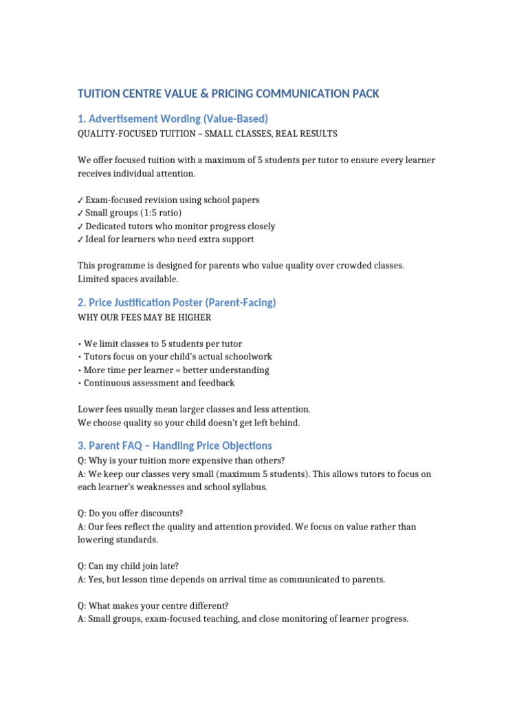 Tuition Centre Value Pricing Pack | PDF
