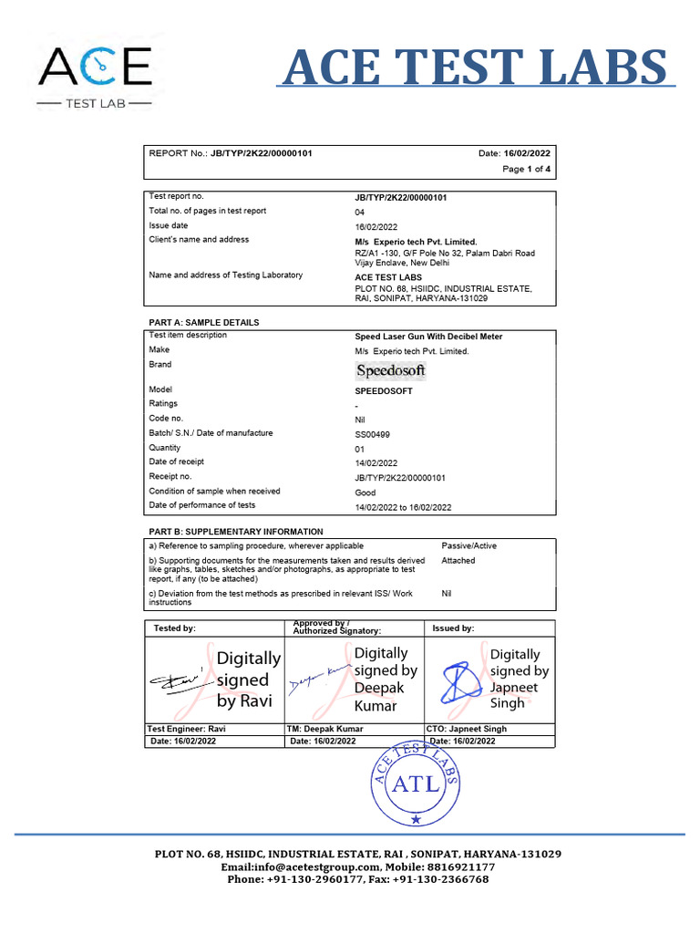 ACE NABL SpeedoSoft Test Report (1) - 1 | PDF | Camera | Telephone