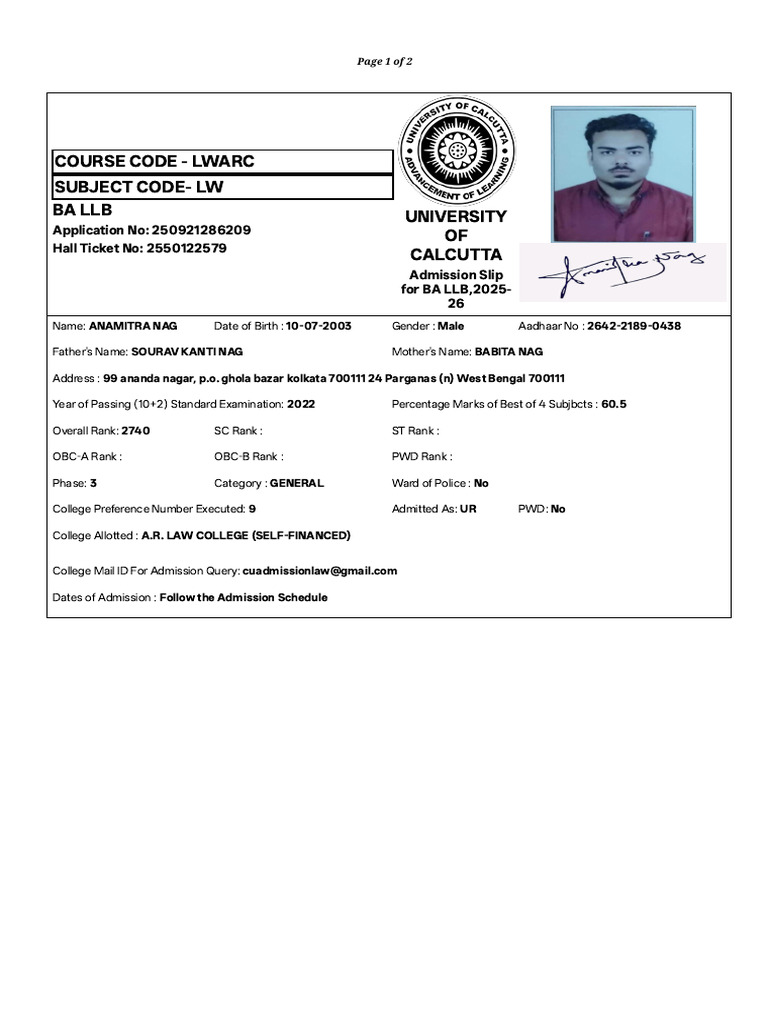 A. R. Law College Admission Slip | PDF