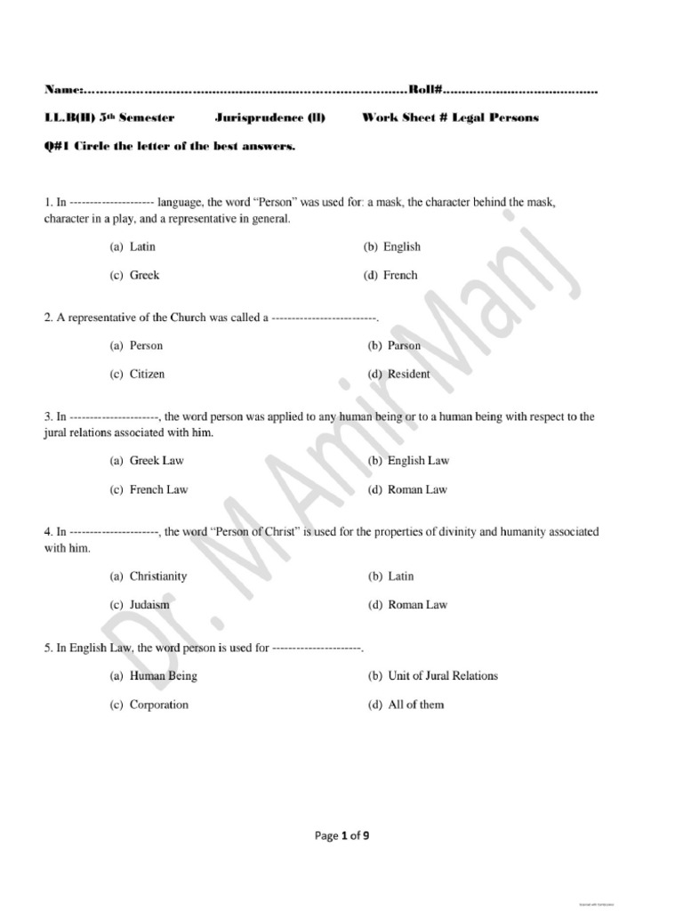 Legal Person (Work Sheet) | PDF