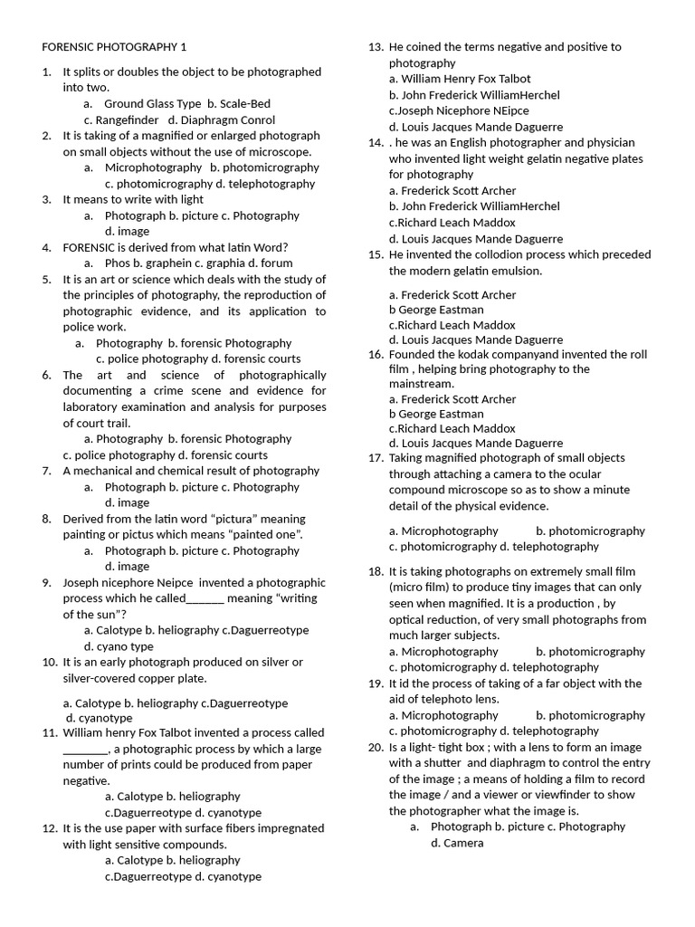 Forensic Photography 1 Test | PDF | Camera | Camera Lens