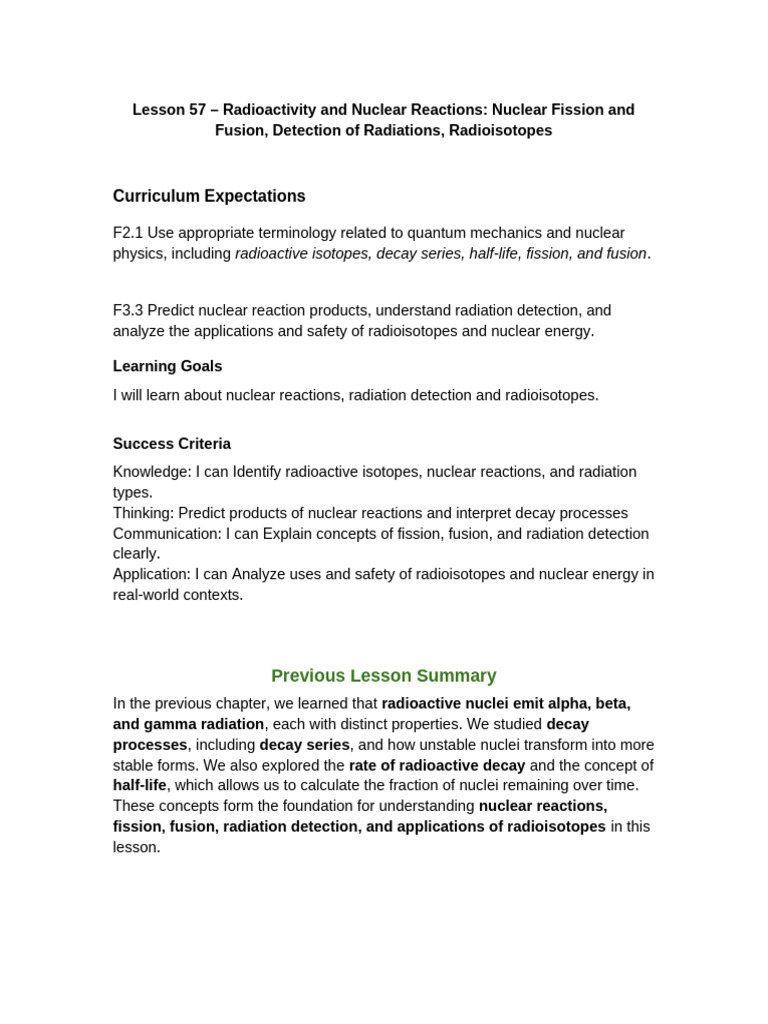 Lesson 57 Radioactivity and Nuclear Reactions Radioactive Isotopes ...