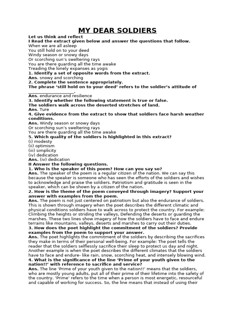 My Dear Soldiers Class 7 | PDF