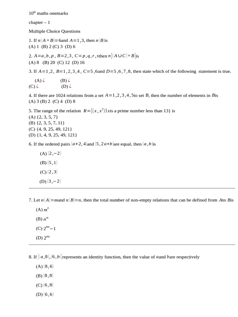 10th Maths Onemarks All Chapter Specimen | PDF | Algebra | Mathematical ...