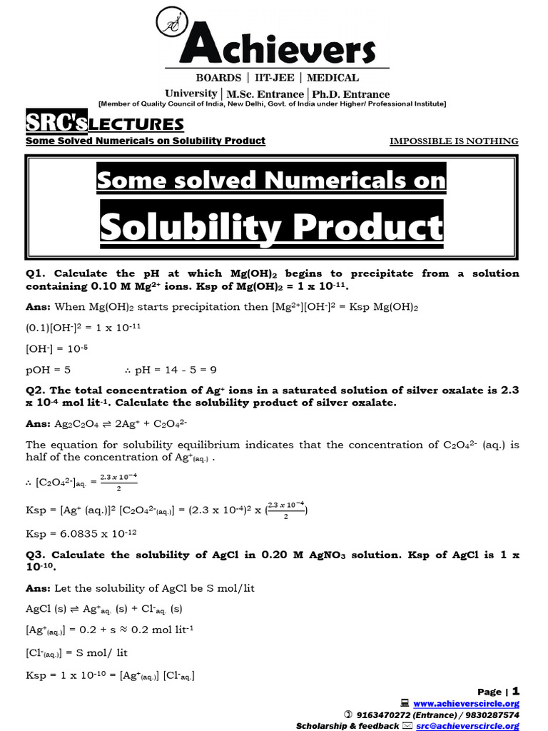 ##Numerical Problems On Solubility & Solubility Prod | PDF | Ph ...