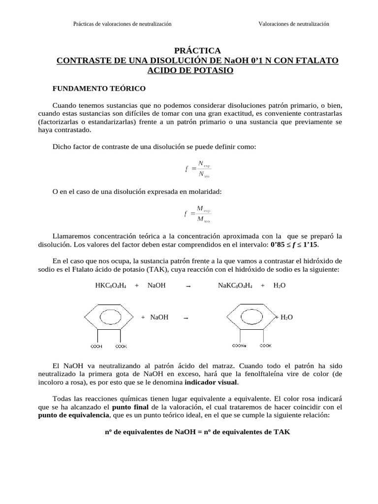 Práctica - CONTRASTE DE UNA DISOLUCIÓN DE NaOH 0'1 N CON FTALATO ACIDO ...