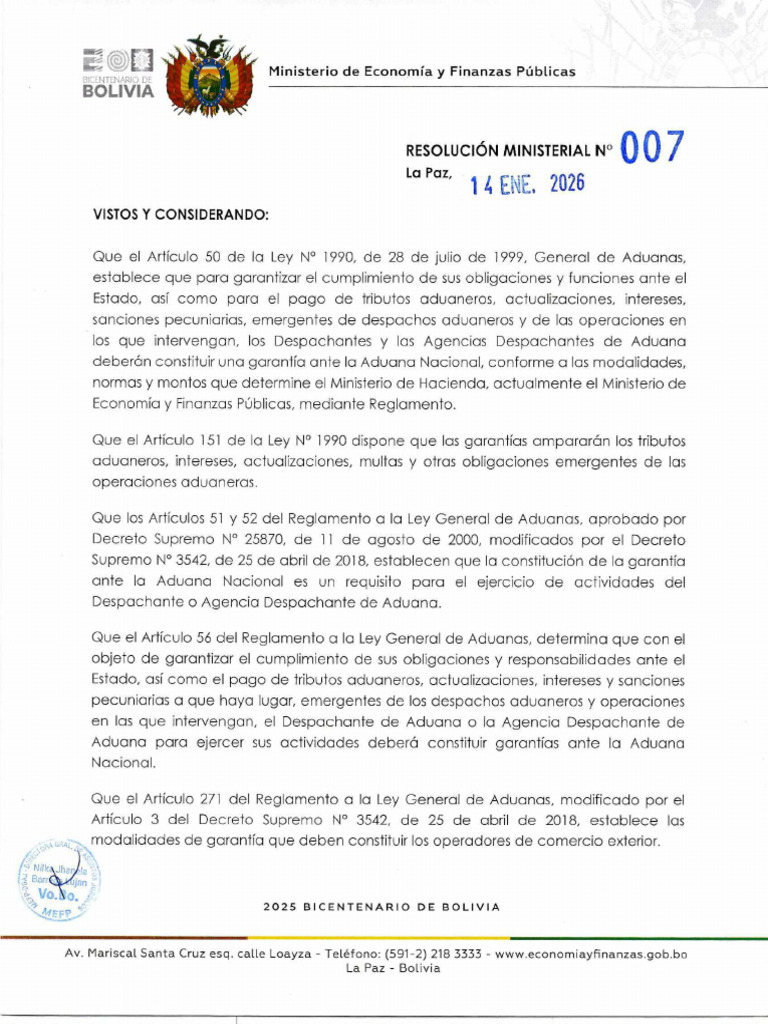 RM-007-2026 Constitución o Renovación de Garantías Despachantes 2026 ...