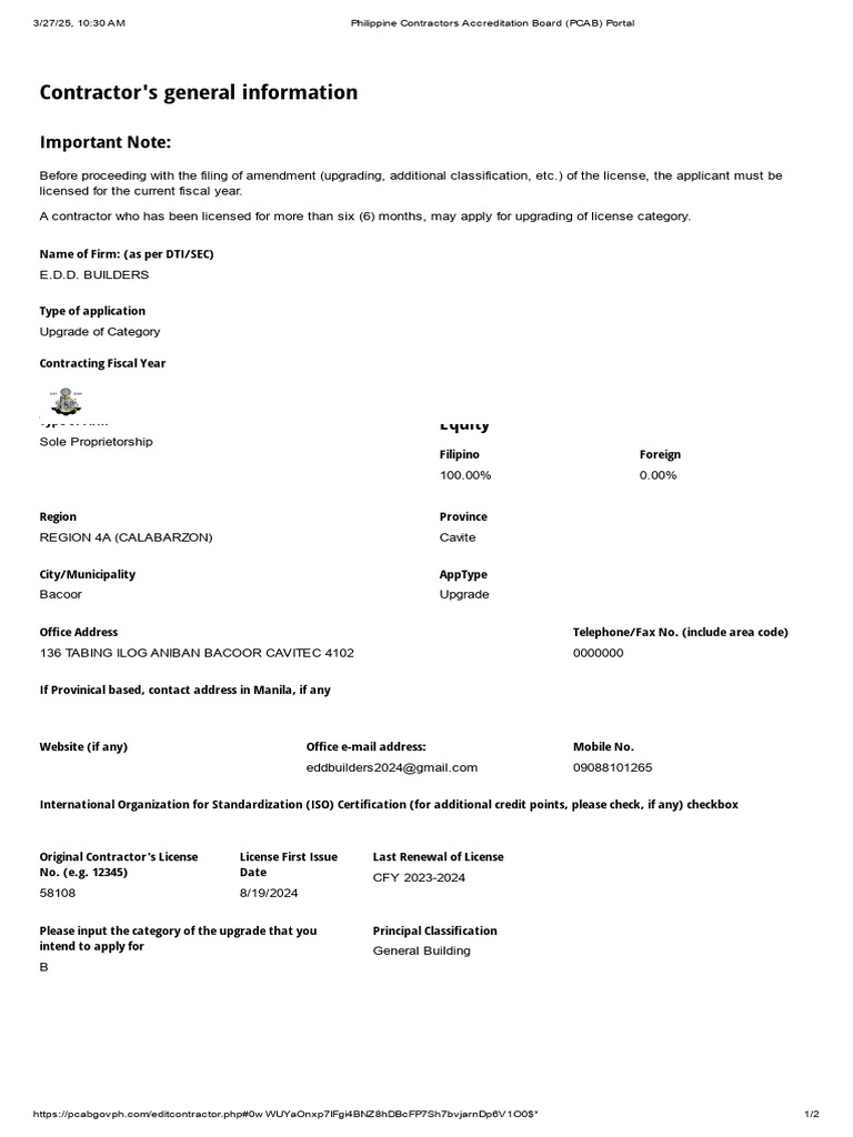 Contractor's General Information | PDF