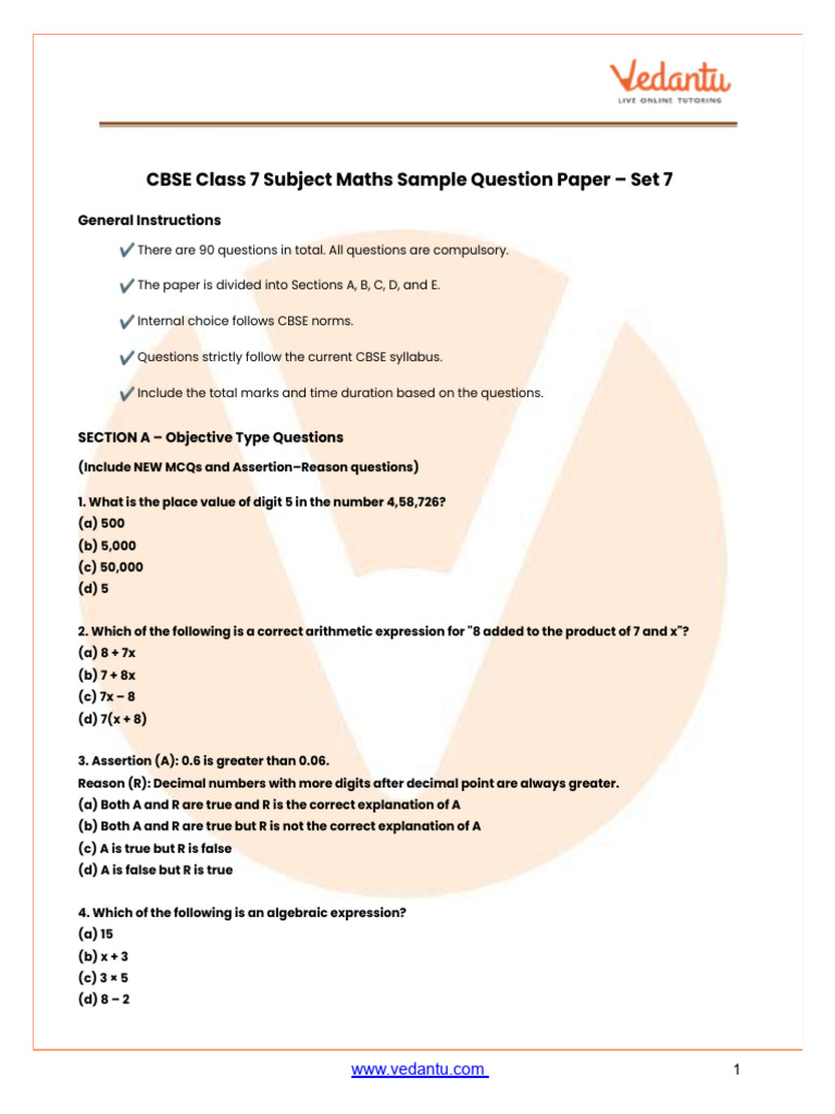 CBSE Sample Papers For Class 7 Maths Mock Paper 7 (2025-26) | PDF ...
