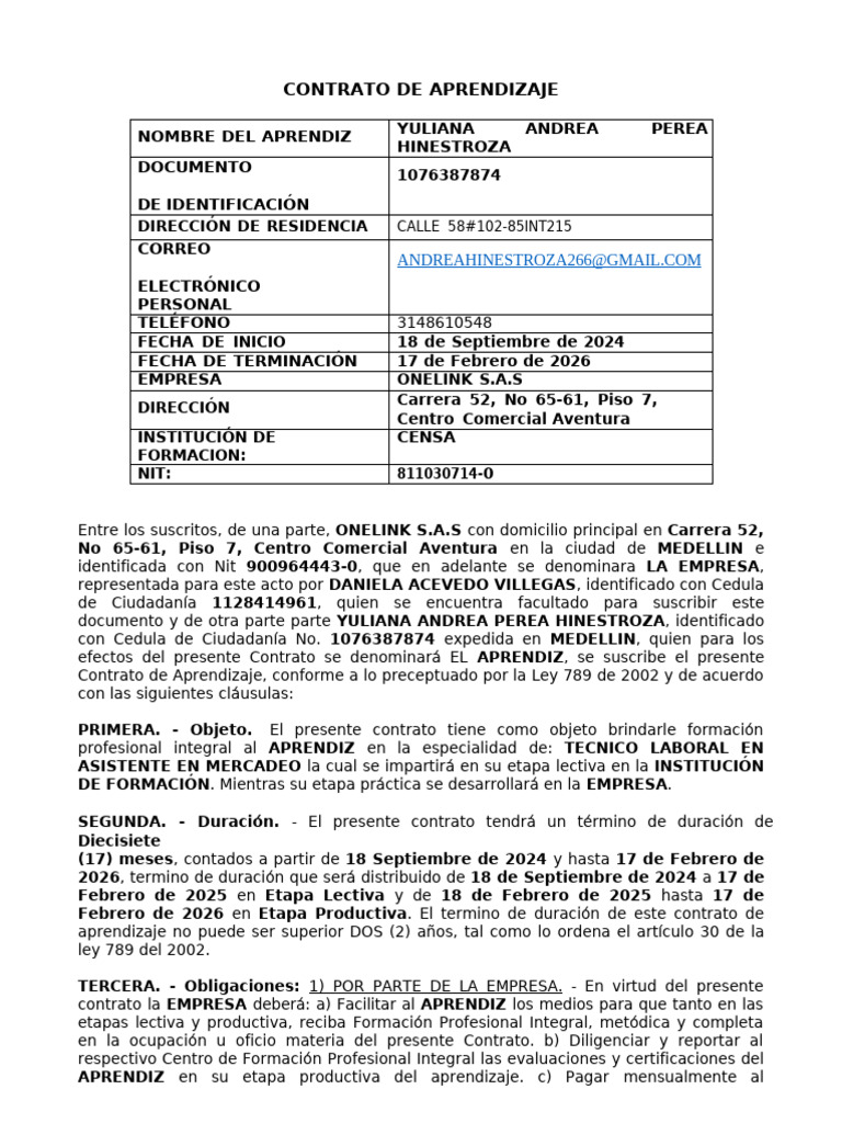 Yuliana Andrea Perea Hinestroza - Contrato | PDF | Salario mínimo ...