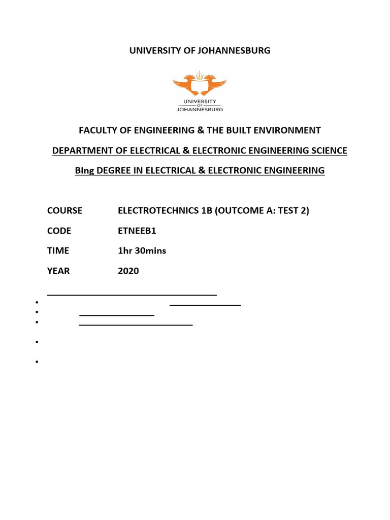 Electrotechnics 1 Outcome a Test 2 Memo1 | PDF | Electrical Network ...