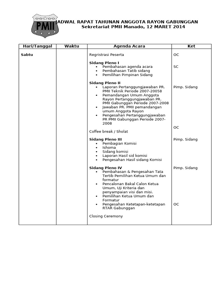 Jadwal Rtar Pmii Teknik | PDF