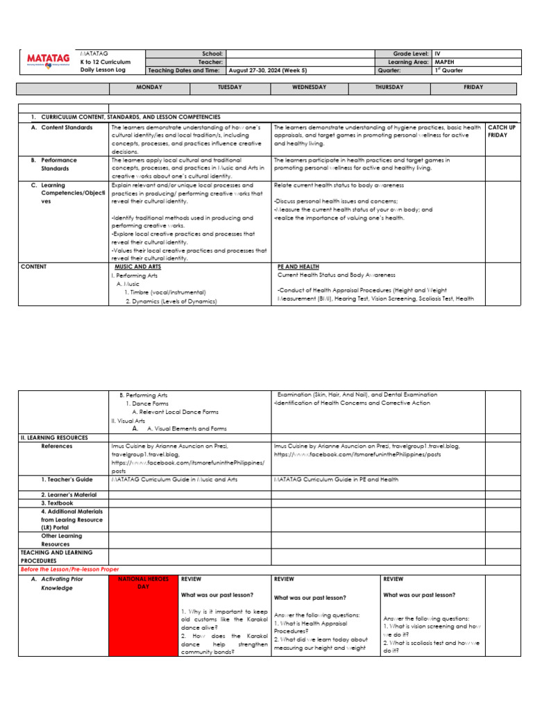 Matatag DLL Week 5 Mapeh g4 | PDF | Skin | Tissue (Biology)