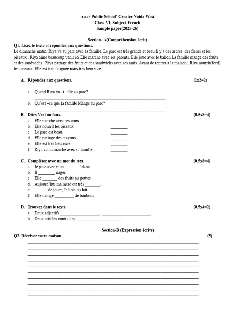 French Class 6 Sample Paper | PDF | Cuisine | Nourritures