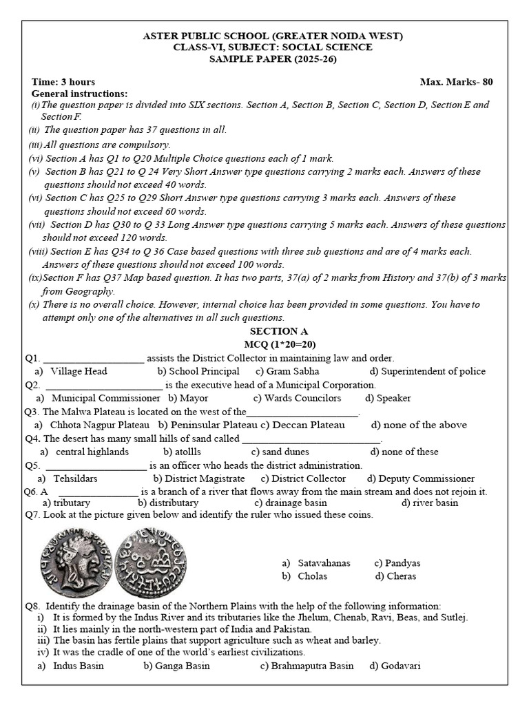 Social Science Class 6 Sample Paper | PDF | Plateau | Earth Sciences