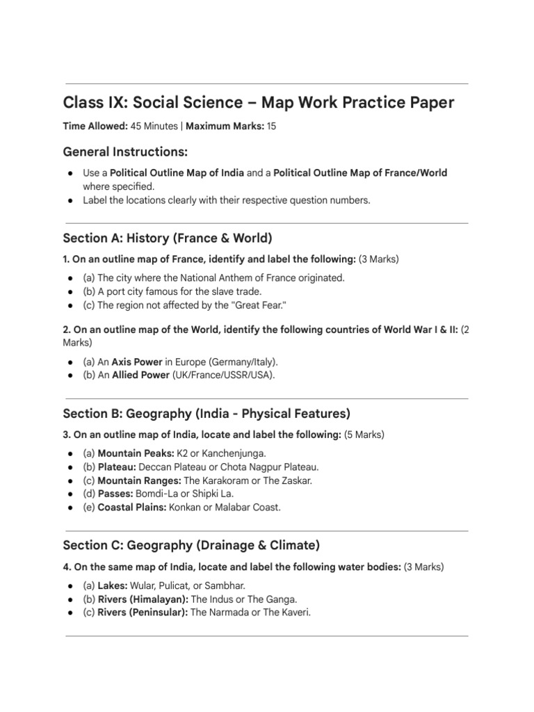 Class 9 Social Science Map Practice Paper | PDF