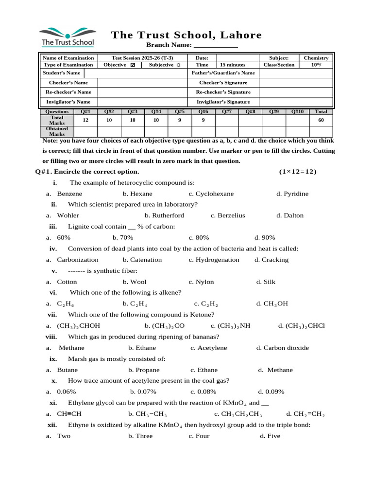 Grade 10 Chemistry T3 Test Session 2025-26 | PDF | Ethylene | Methane