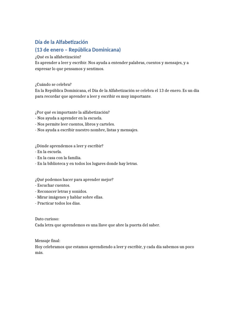 Día de La Alfabetización 13 de Enero Primer Grado | PDF