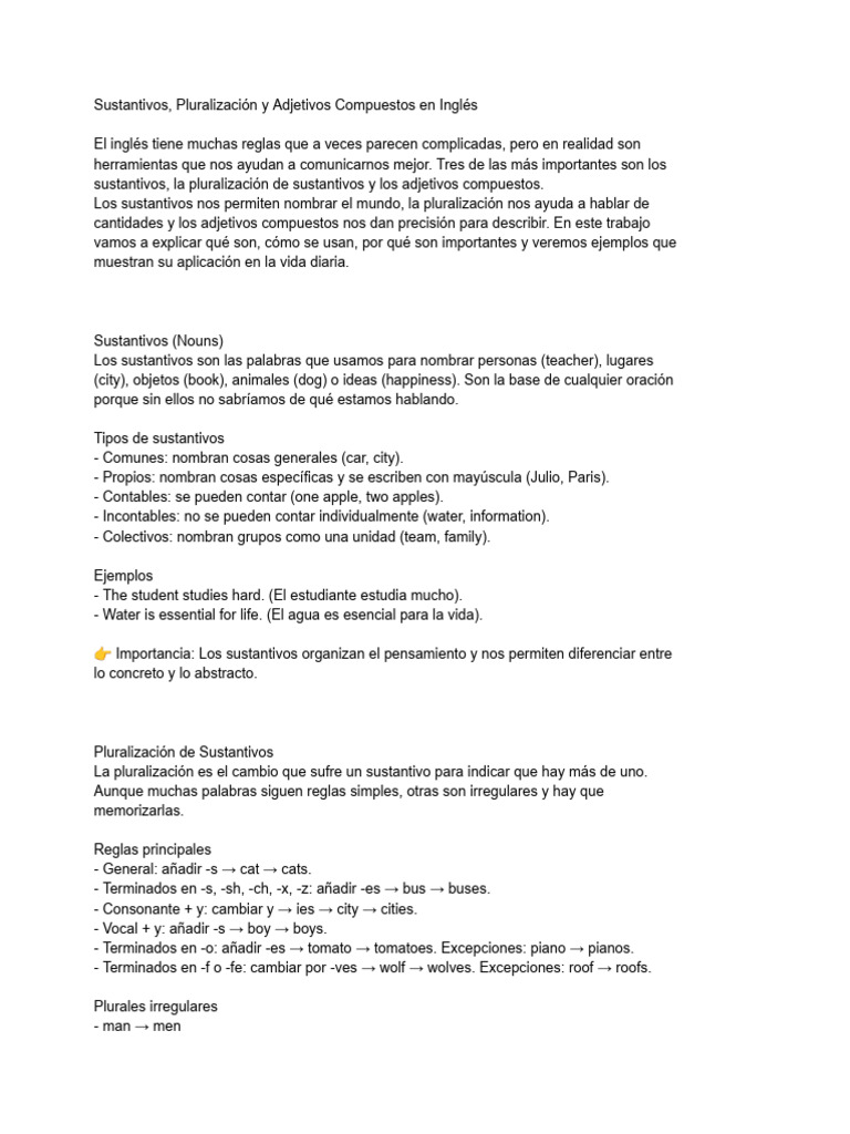 Sustantivos, Pluralización y Adjetivos Compuestos en Inglés | PDF ...