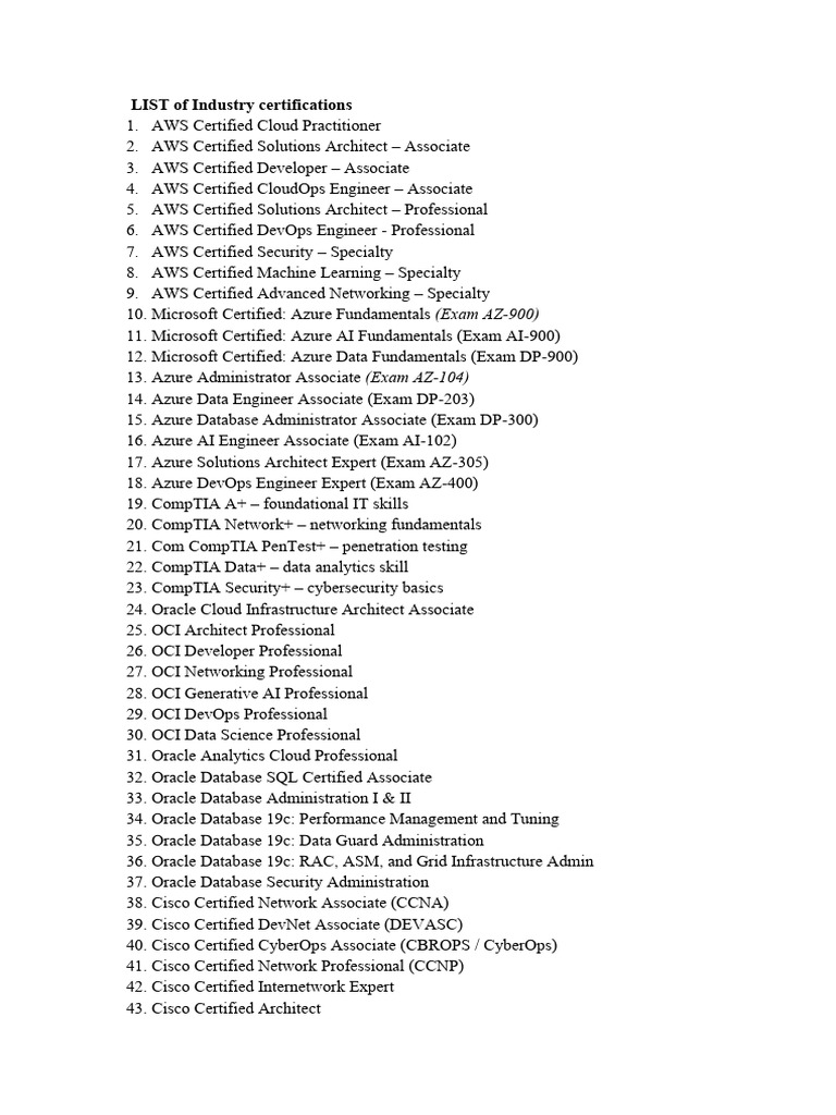 List of Certifications | PDF | Microsoft Azure | Oracle Corporation