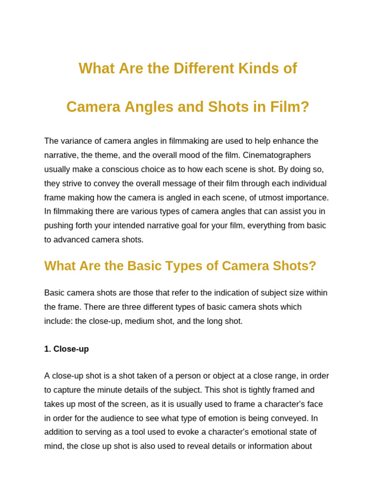 Camera Shots and Angles in Film | PDF | Close Up | Cinematography