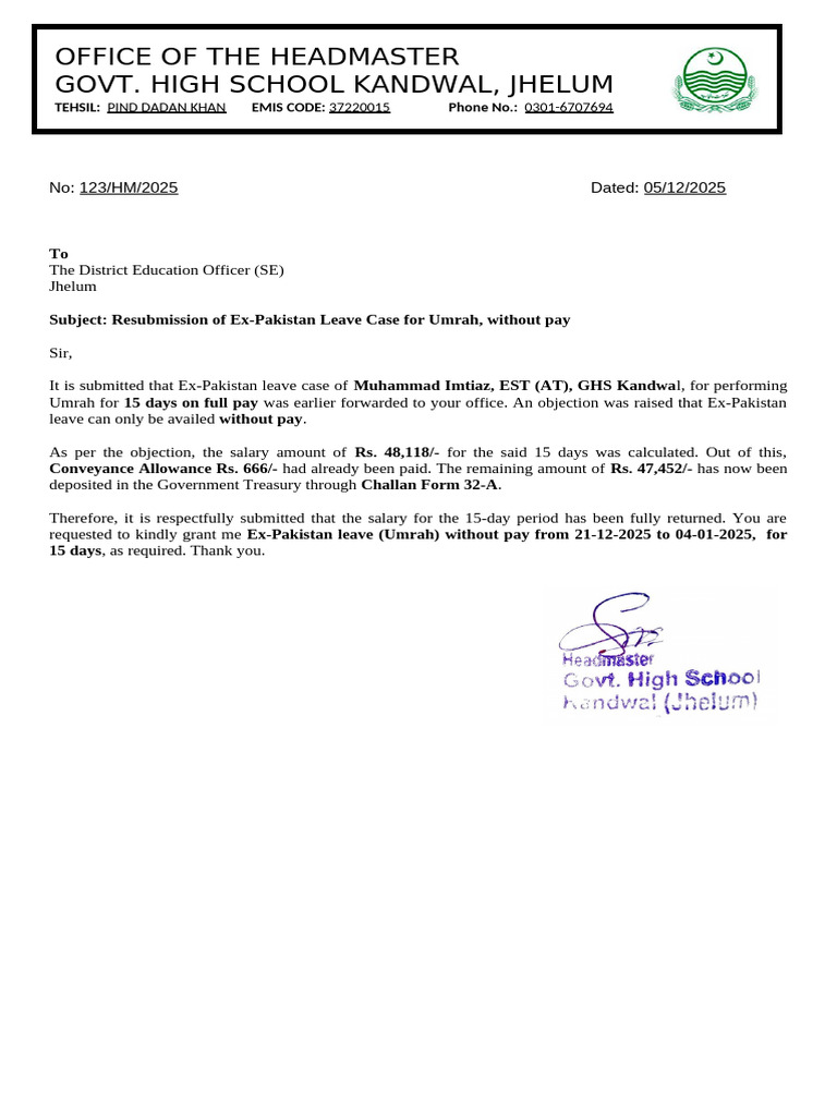 Resubmission of Ex-Pakistan Leave M Imtiaz EST | PDF