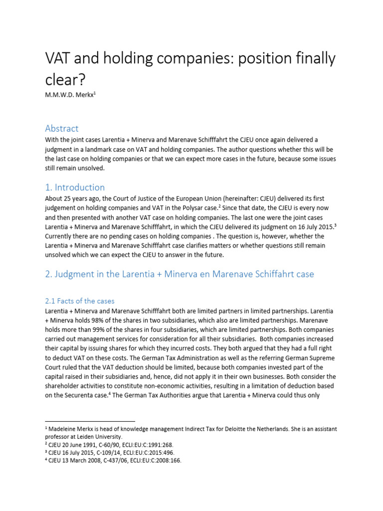 VAT and Holding Companies Position Finally Clear | PDF | Tax Deduction ...