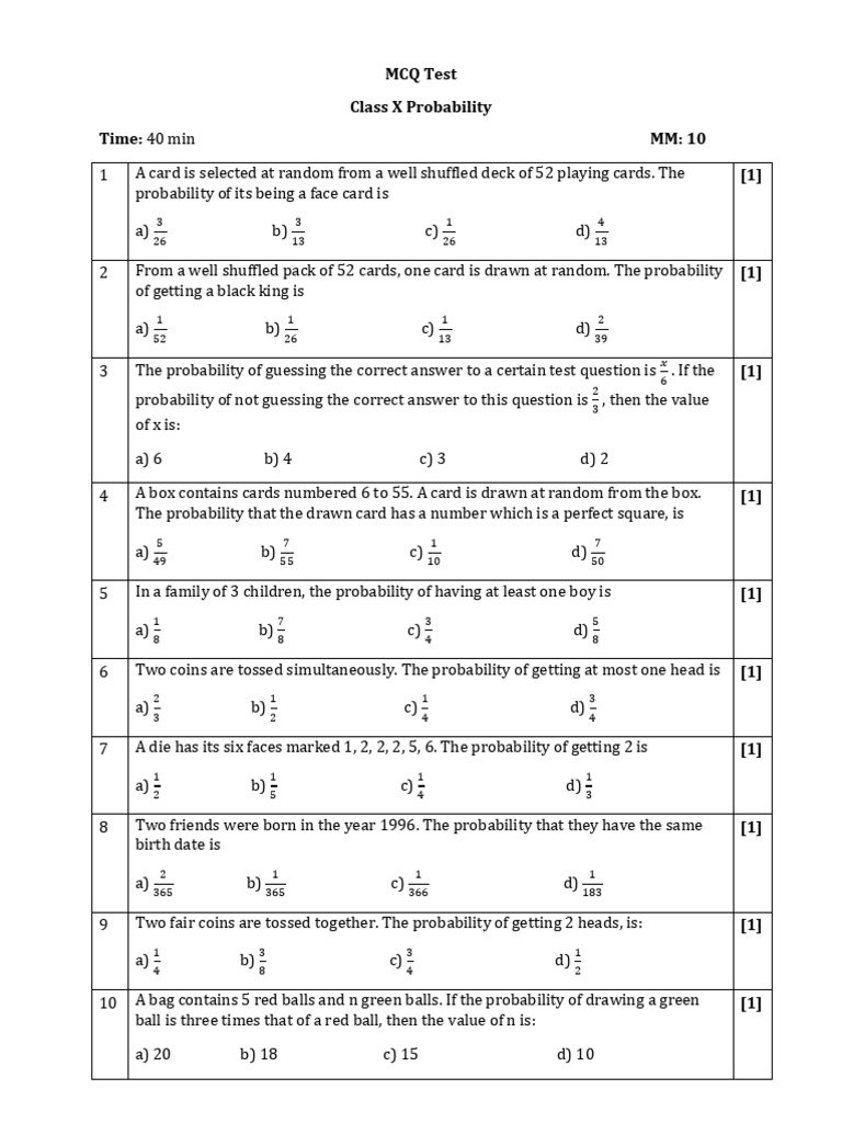 Class X Probability MCQ Test | PDF | Probability | Multiple Choice