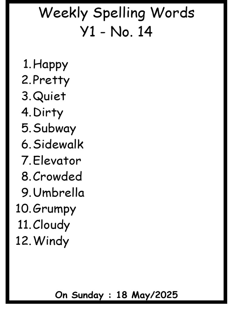 Weekly Spelling Words - Y1 - No.14 | PDF