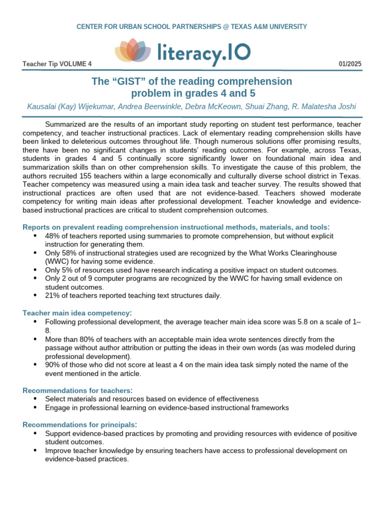 The GIST of the Reading Comprehension Problem in Grades 4 and 5 Summary ...