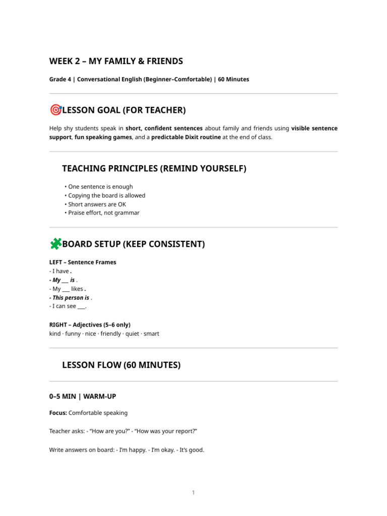 Week 2 – My Family & Friends (Final Teacher’s Note) | PDF | Learning ...