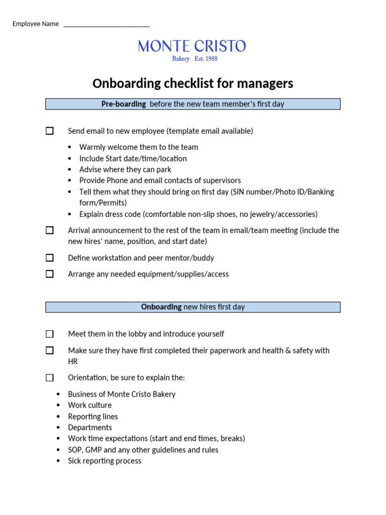 Onboarding Checklist For Managers (Draft) | PDF
