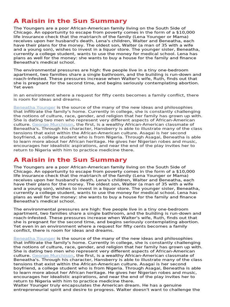 A Raisin in The Sun Summary | PDF