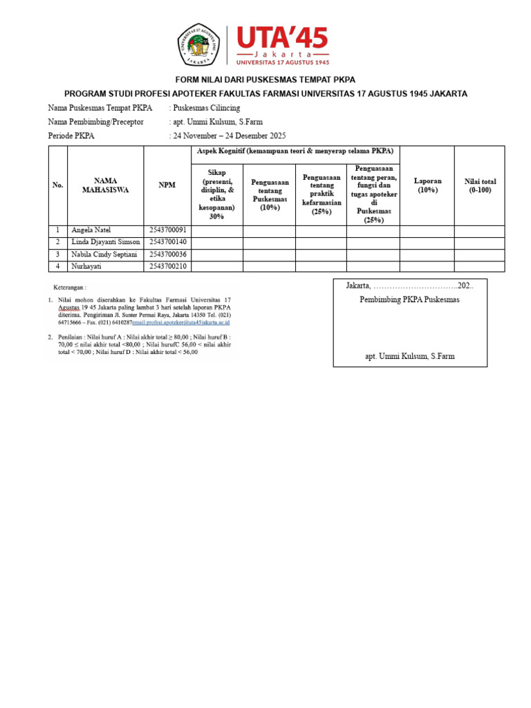 Form Nilai Dari Puskesmas Tempat Pkpa | PDF