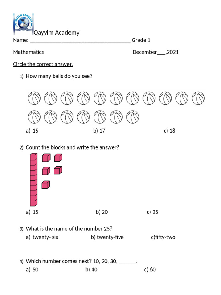 Grade 1 - Mathematics December, 2021 | PDF