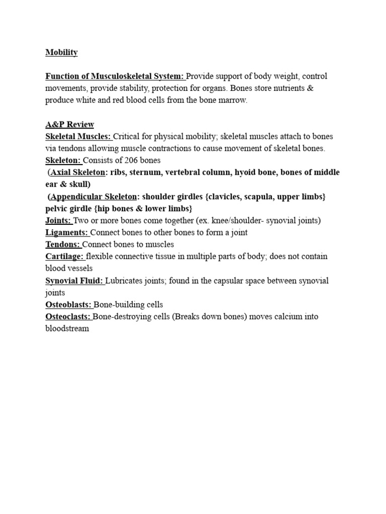 NSG 210 - Musculoskeletal - Mobility Notes-4 | PDF | Bone | Amputation